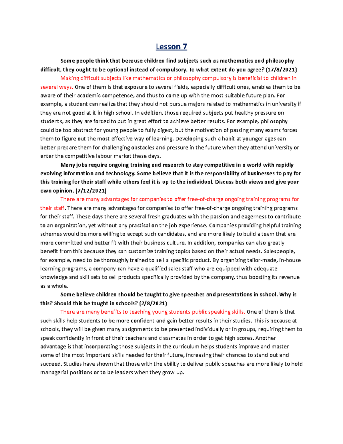 Writing - Sample Essays (Lesson 7) - Lesson 7 Some people think that ...