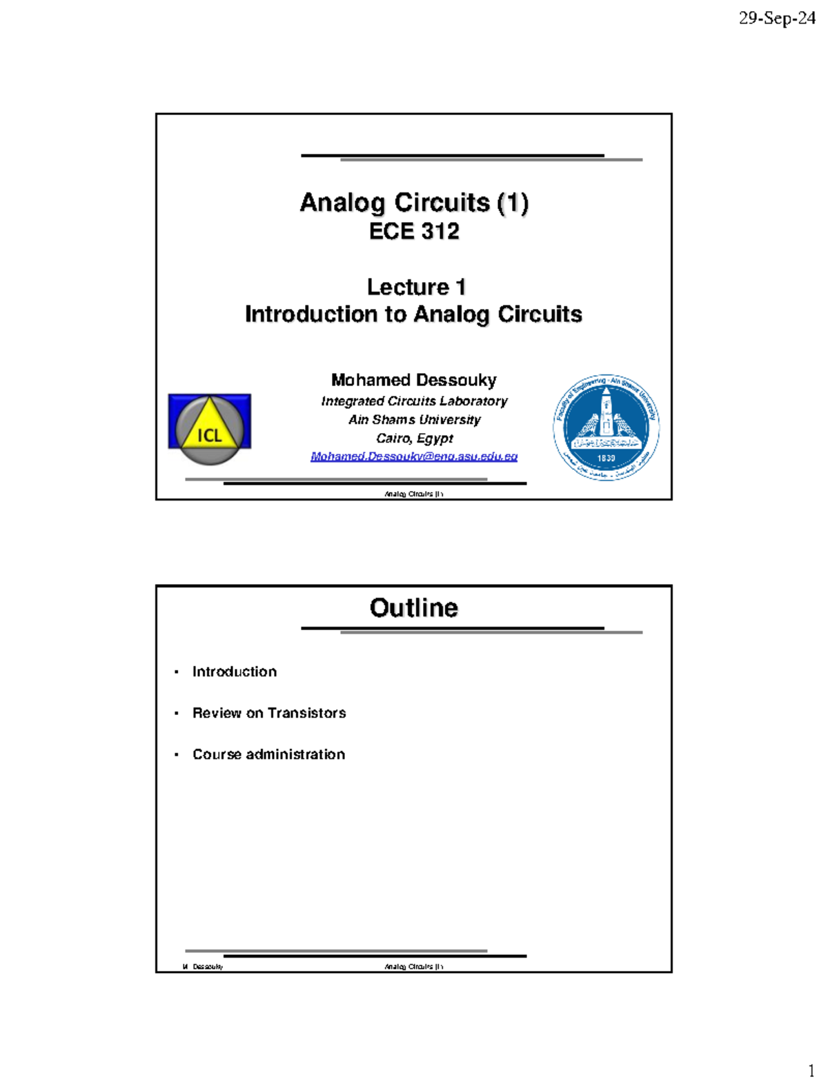 H01-Introduction-ECE312-F240929 - Analog Circuits (1) Mohamed Dessouky Integrated Circuits - Studocu