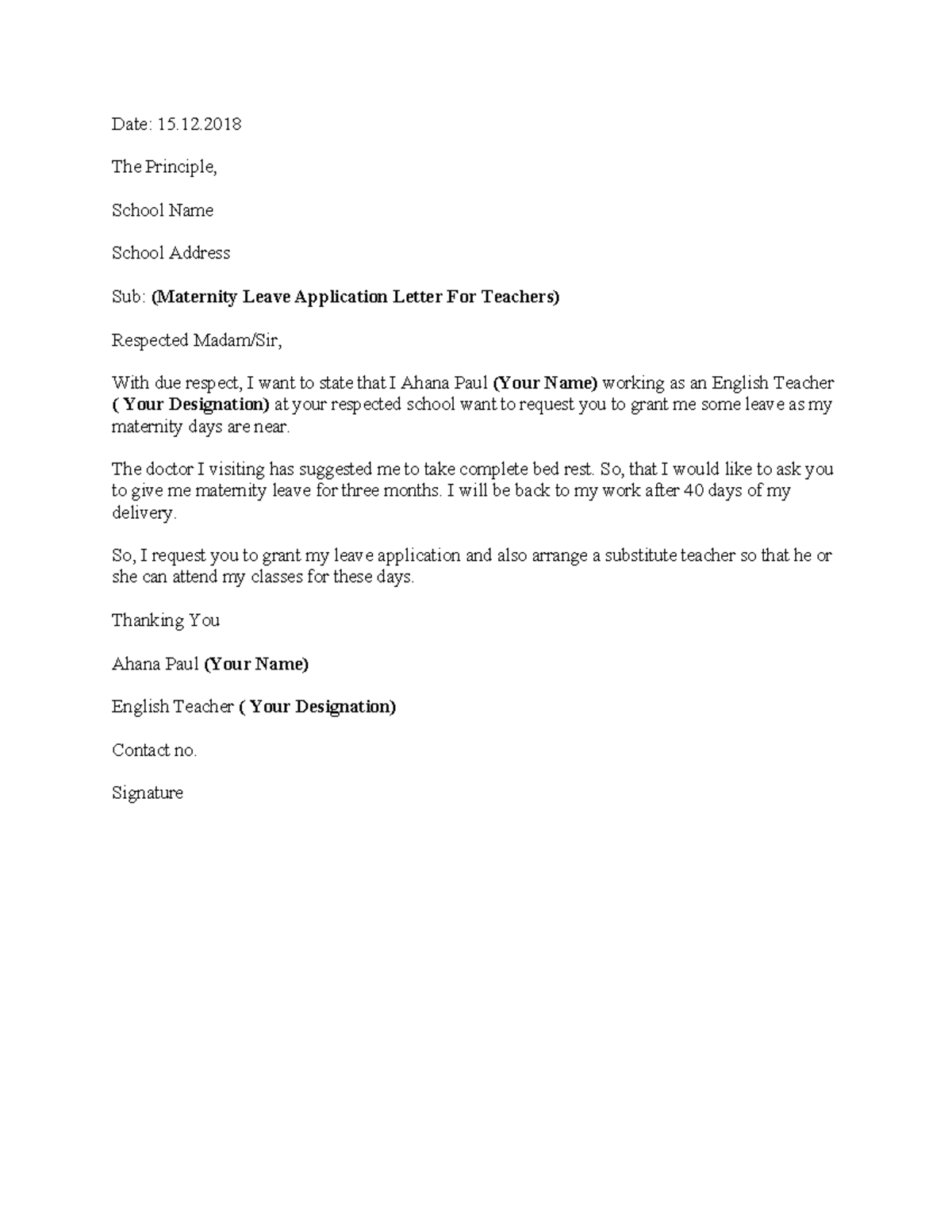 Maternity Leave Application Letter For Teachers Format - Date: 15. The ...
