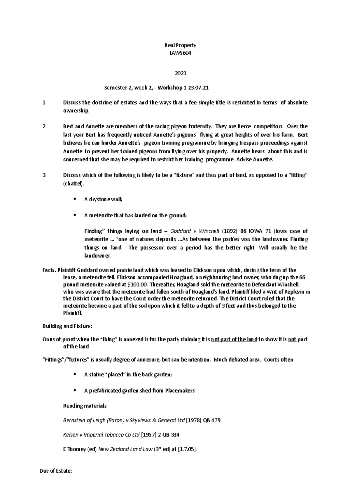 Real Property 2021 Workshop 1 160721 - Real Property LAWS 2021 Semester ...