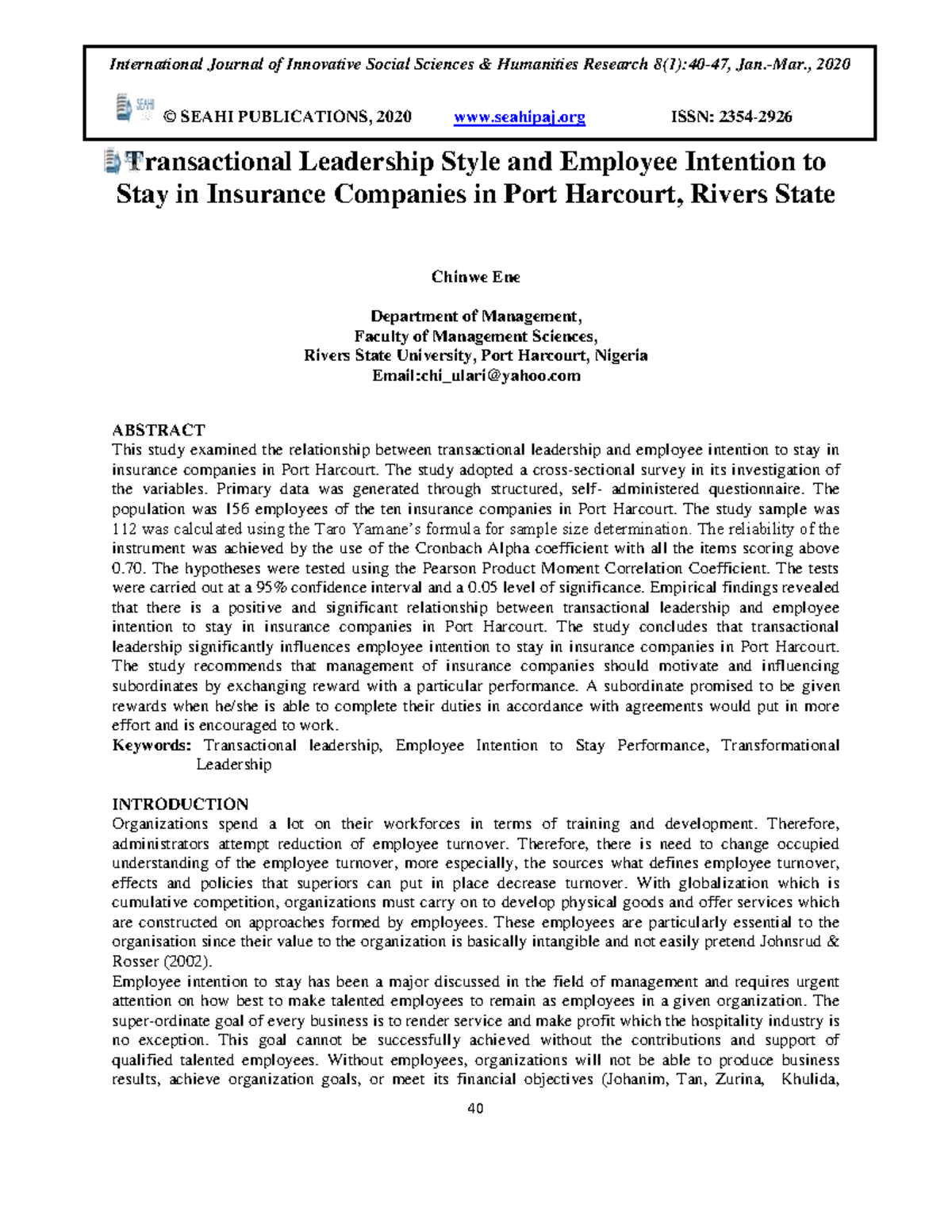 Ijisshr M 5 2020 - SHSSJH - Transactional Leadership Style and Employee ...