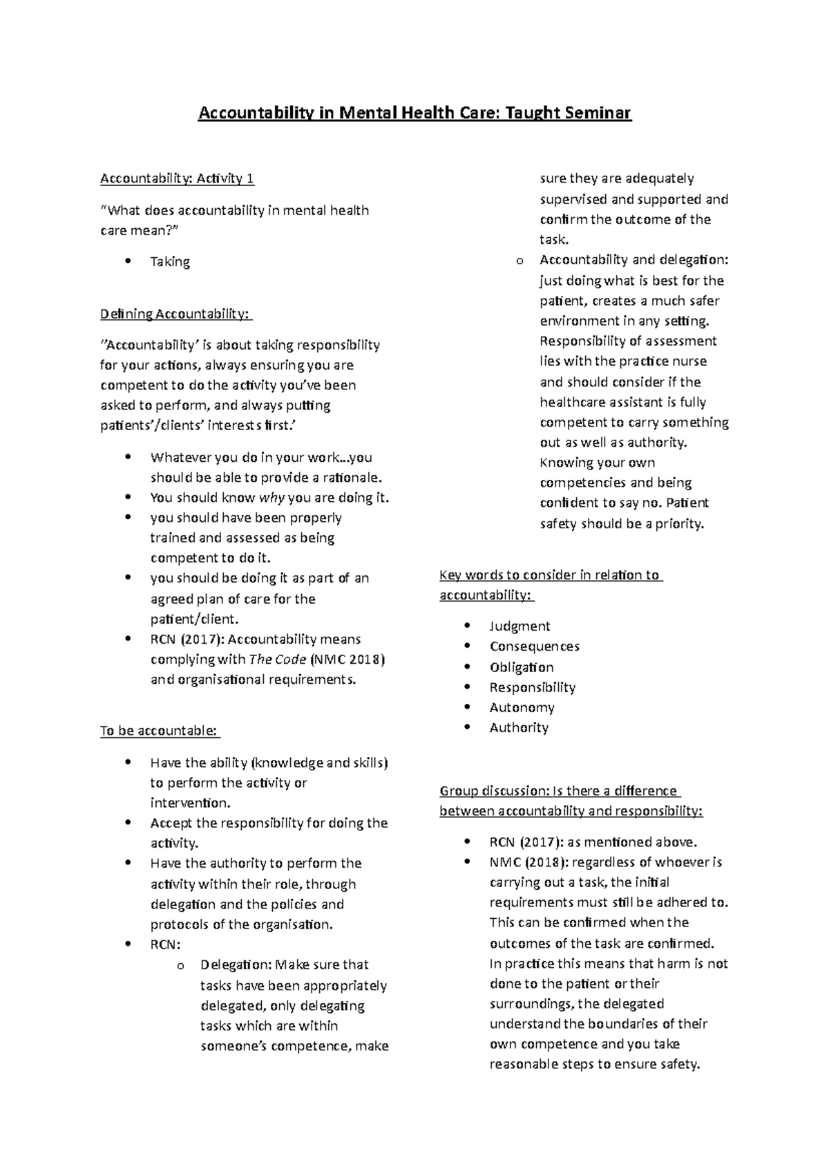 Week 17 seminar notes - accountability - Accountability in Mental ...