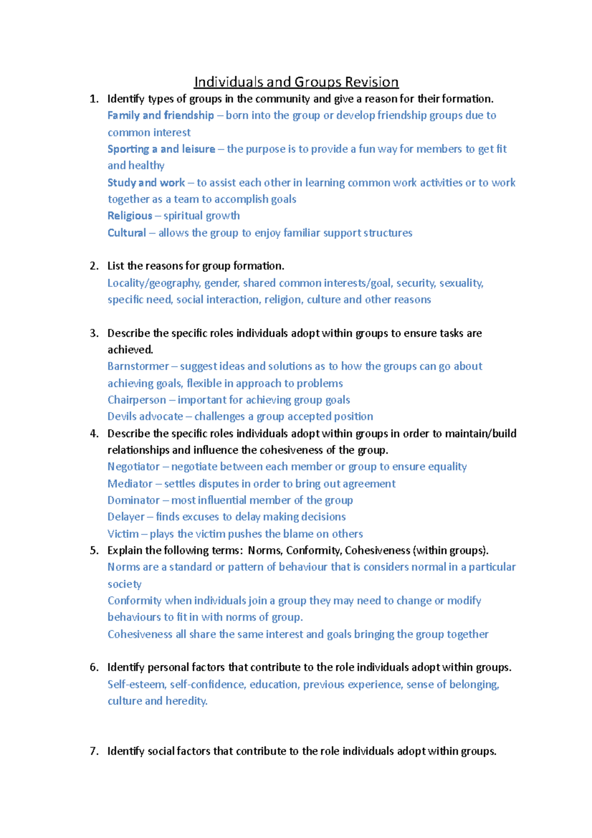 Individuals and Groups Revision - Individuals and Groups Revision ...