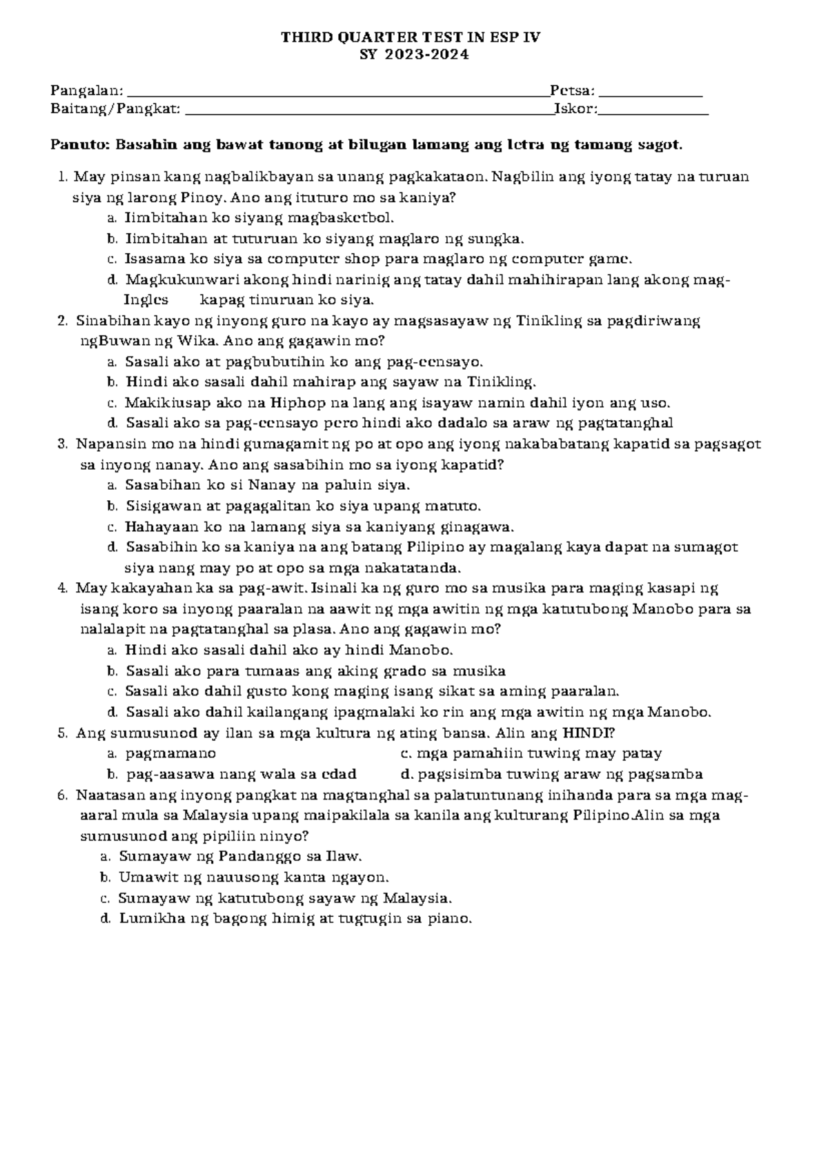 ESP-4-Q3-TEST patindol - THIRD QUARTER TEST IN ESP IV SY 2023- 2024 ...