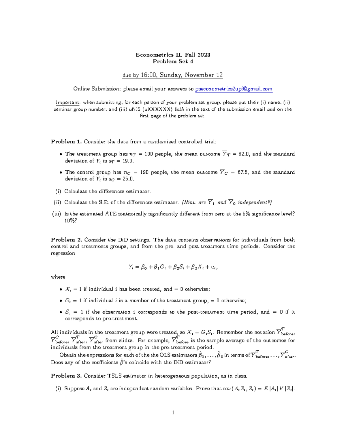 Problem Set 4 And Additional Exercise Econometrics Ii Fall 2023