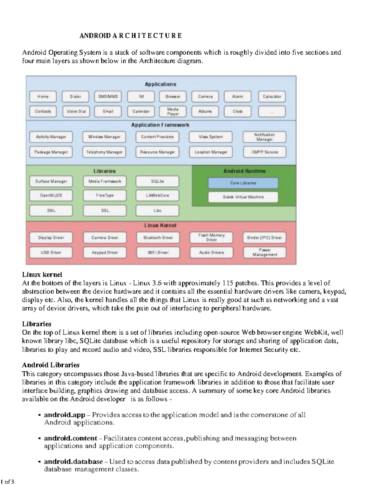3. Android Architecture - 1 of 3 ANDROID A R C H I T E C T U R E Android Operating System is a ...