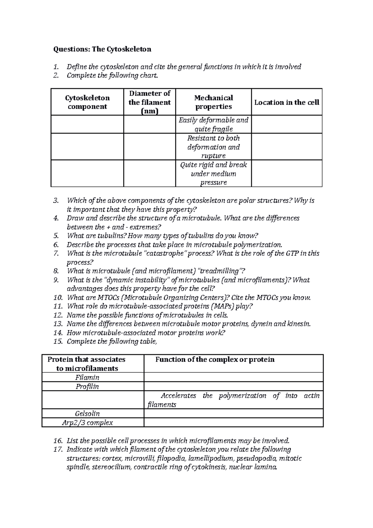 Questions cytoskeleton - Questions: The Cytoskeleton 1. Define the ...