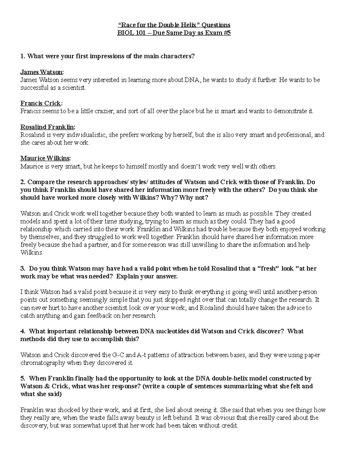 Race for the Double Helix Questions - “Race for the Double Helix ...