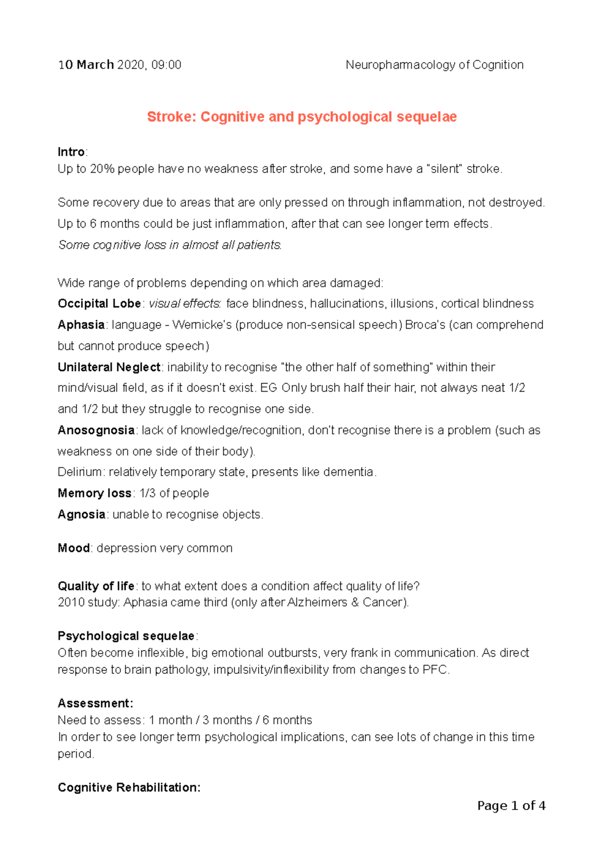 Stroke - revision lecture notes - 1 0 March 2020, 09:00 ...