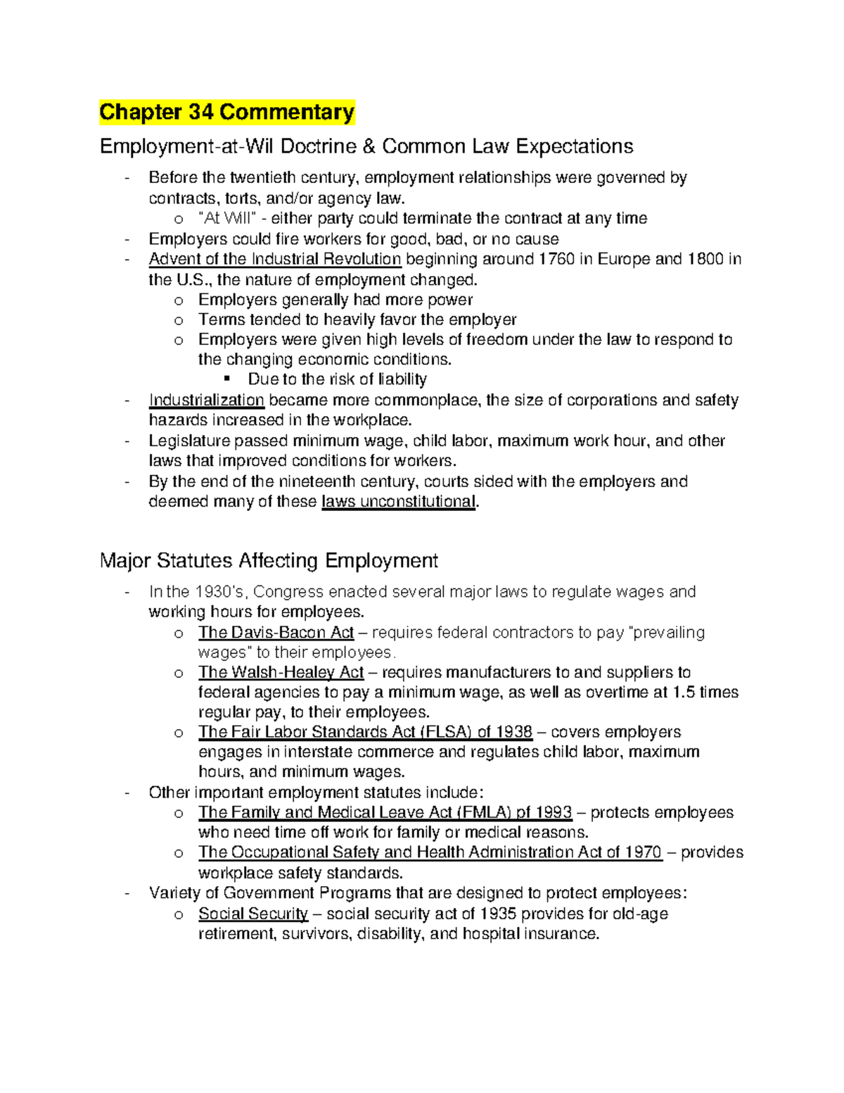 Chapter 34 Notes - Business Law - Chapter 34 Commentary Employment-at ...