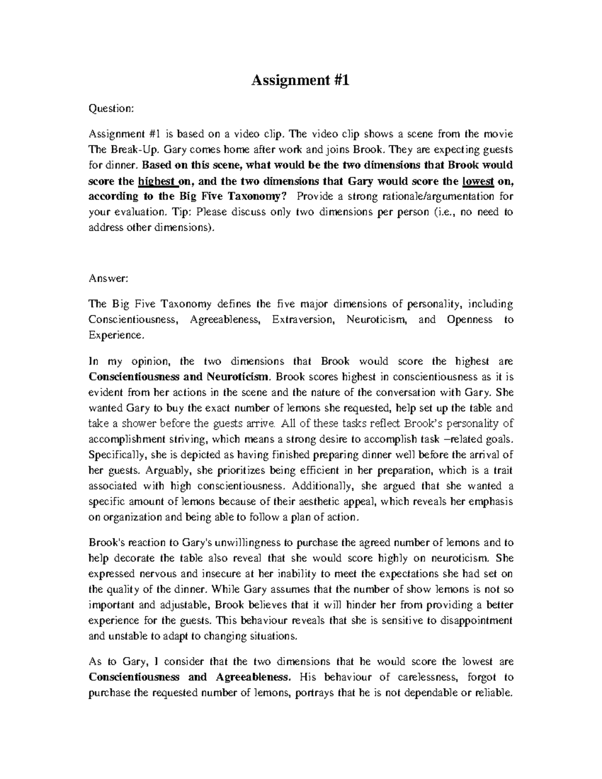 Answer to Assignment #1 - Assignment Question: Assignment #1 is based on a video clip. The video ...