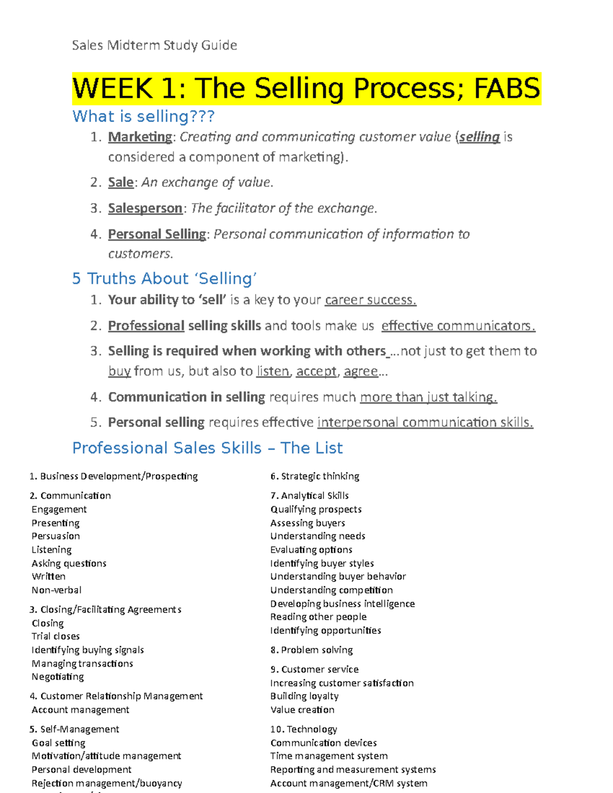 Study Guide for Sales - Preparation for finals - WEEK 1: The Selling ...