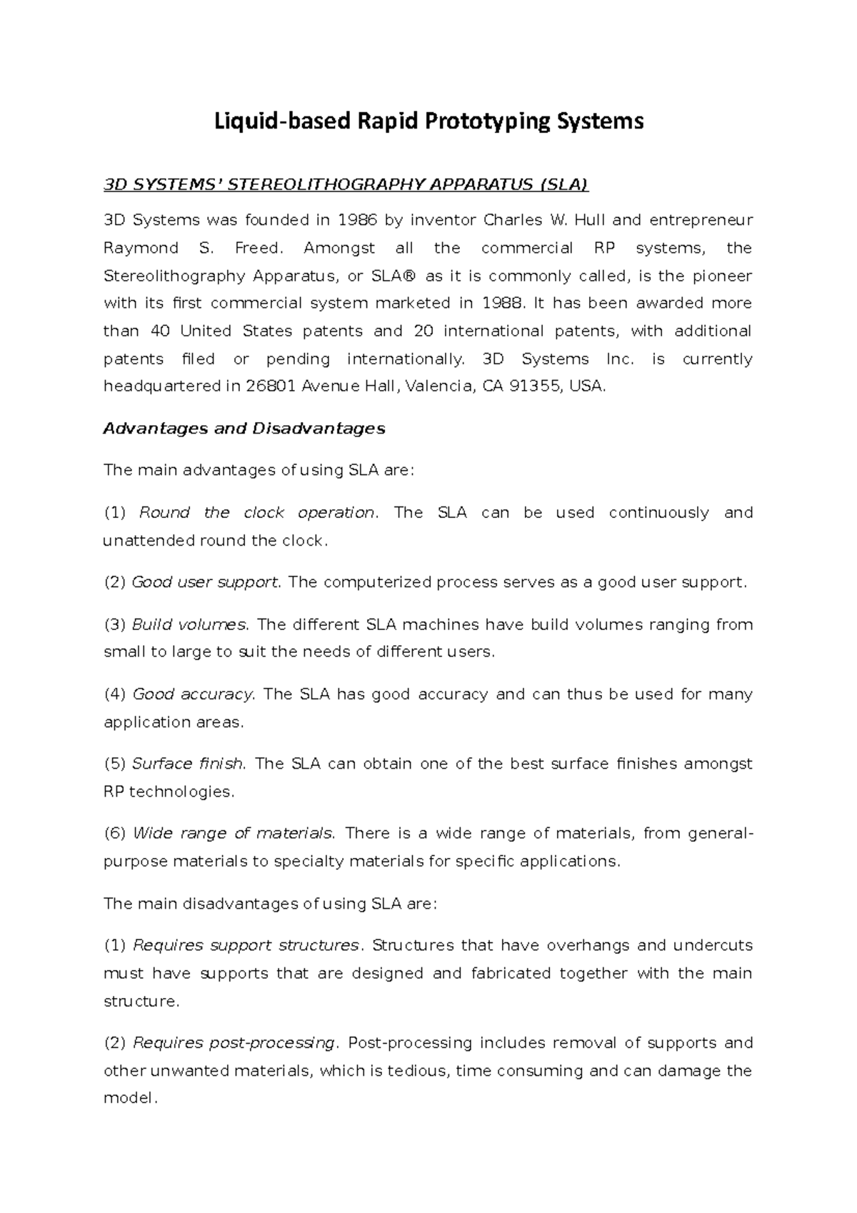 Liquid-based Rapid Prototyping Systems - Hull and entrepreneur Raymond S. Freed. Amongst all the ...