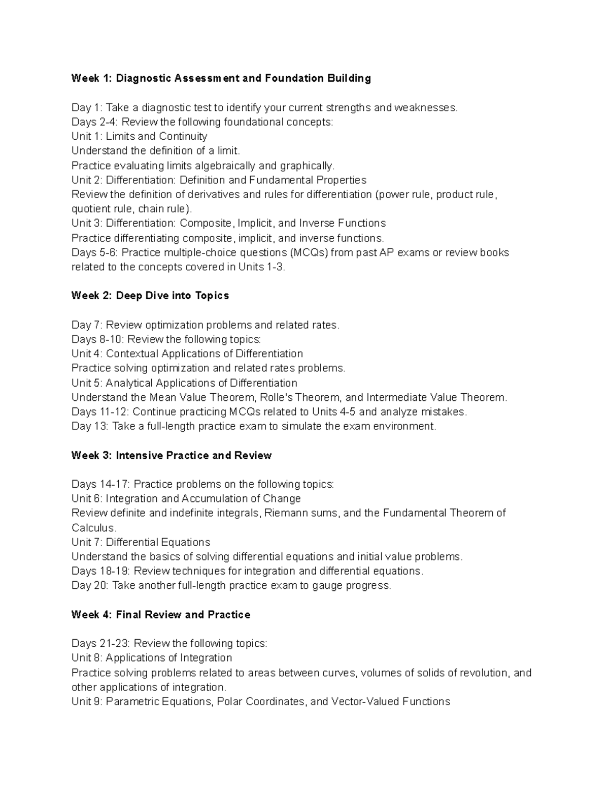 AP Calculus AB Cram Plan - Week 1: Diagnostic Assessment and Foundation ...