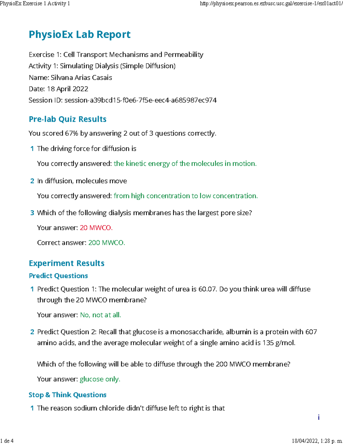 Physio Ex Exercise 1 Activity 1 - PhysioEx Lab Report Exercise 1: Cell ...