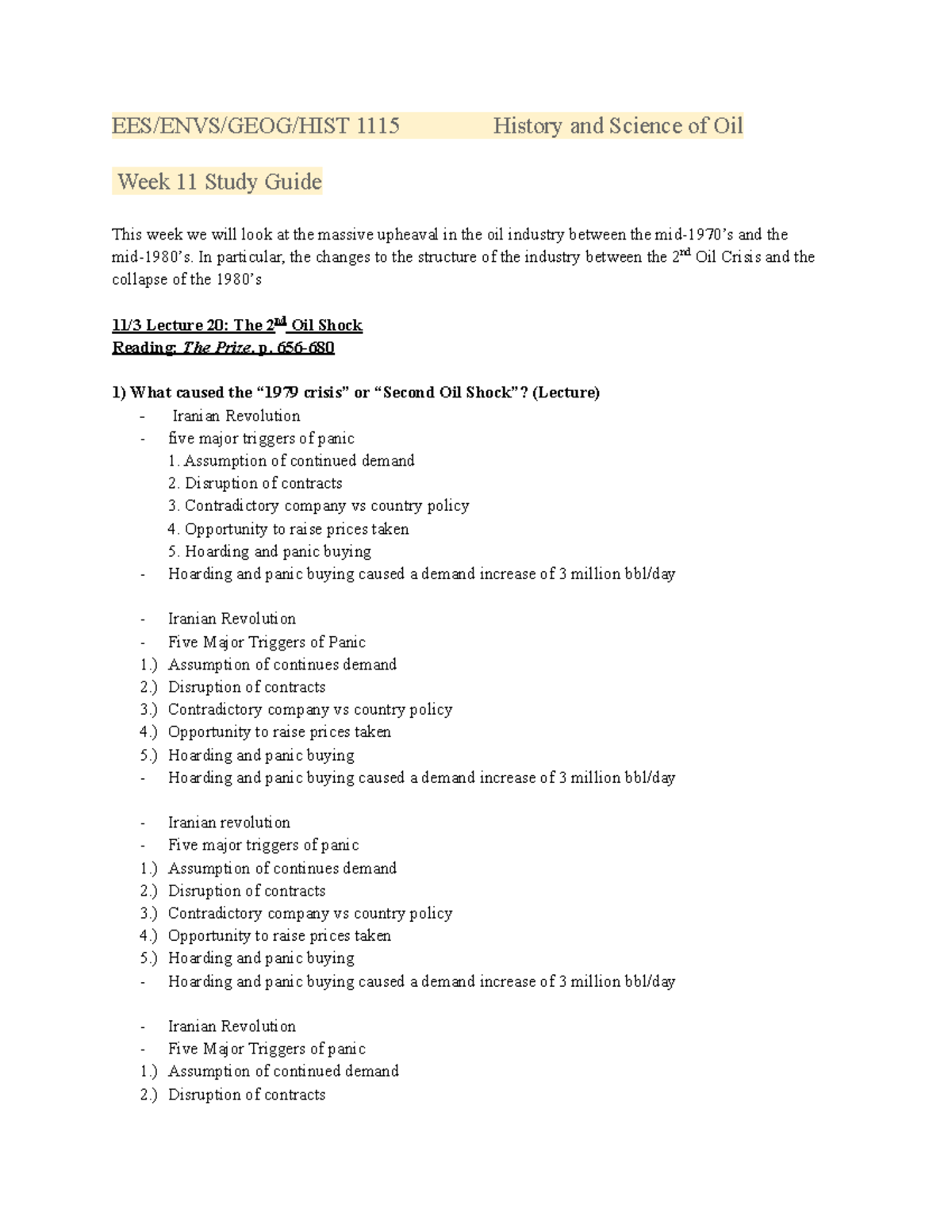 Personal Study guide history and science of oil - EES/ENVS/GEOG/HIST ...