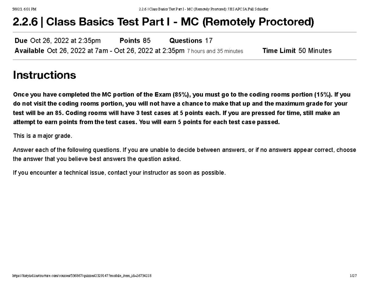 2.2.6 Class Basics Test Part I - MC (Remotely Proctored) JHS Apcsa Fall ...