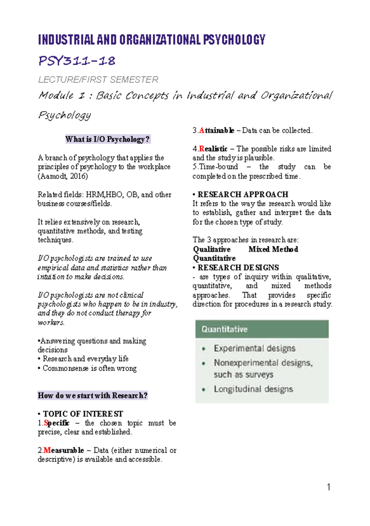 I O Psychology M1 - INDUSTRIAL AND ORGANIZATIONAL PSYCHOLOGY PSY311 ...