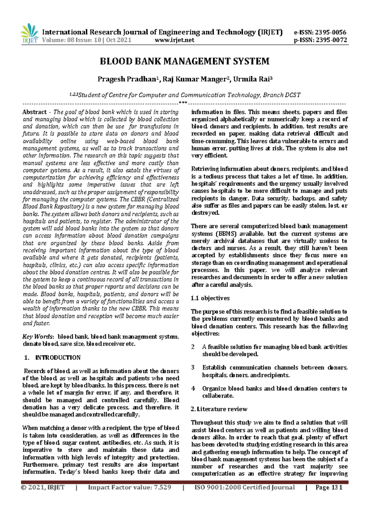 Irjet-V8I1023 - blood bank management system - Volume: 08 Issue: 10 ...
