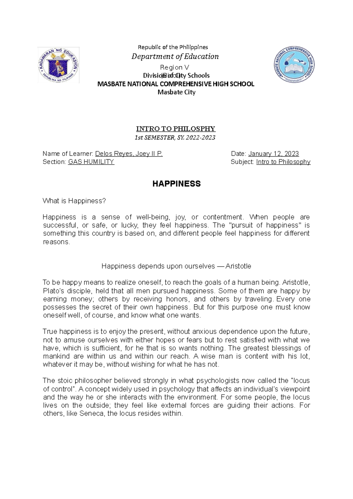 Intro to philosophy Happiness - INTRO TO PHILOSPHY 1st SEMESTER, SY ...