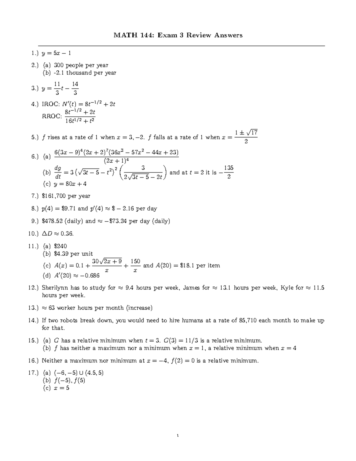 M144 Ex 3 Answers - MATH 144: Exam 3 Review Answers 1.) y = 5x − 1 2 ...