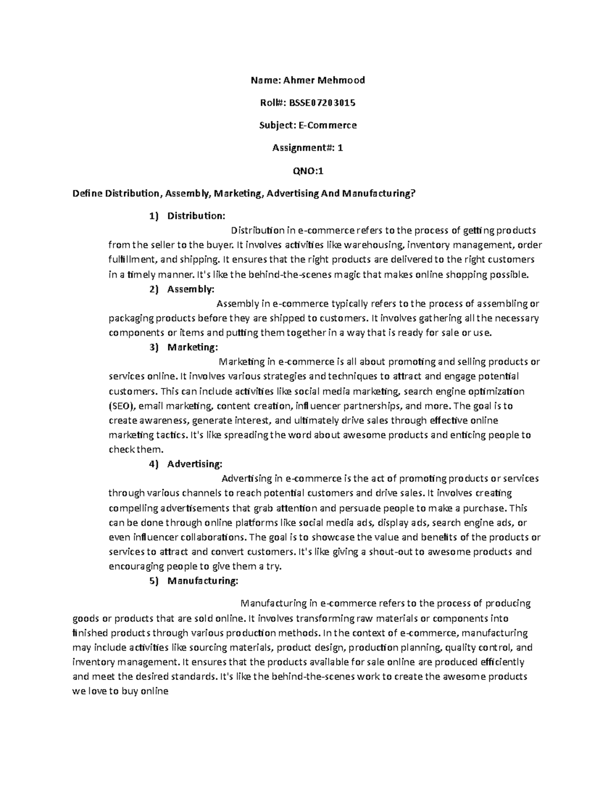Assignment#1 E-commerce - Name: Ahmer Mehmood Roll#: BSSE Subject: E-Commerce Assignment#: 1 QNO ...
