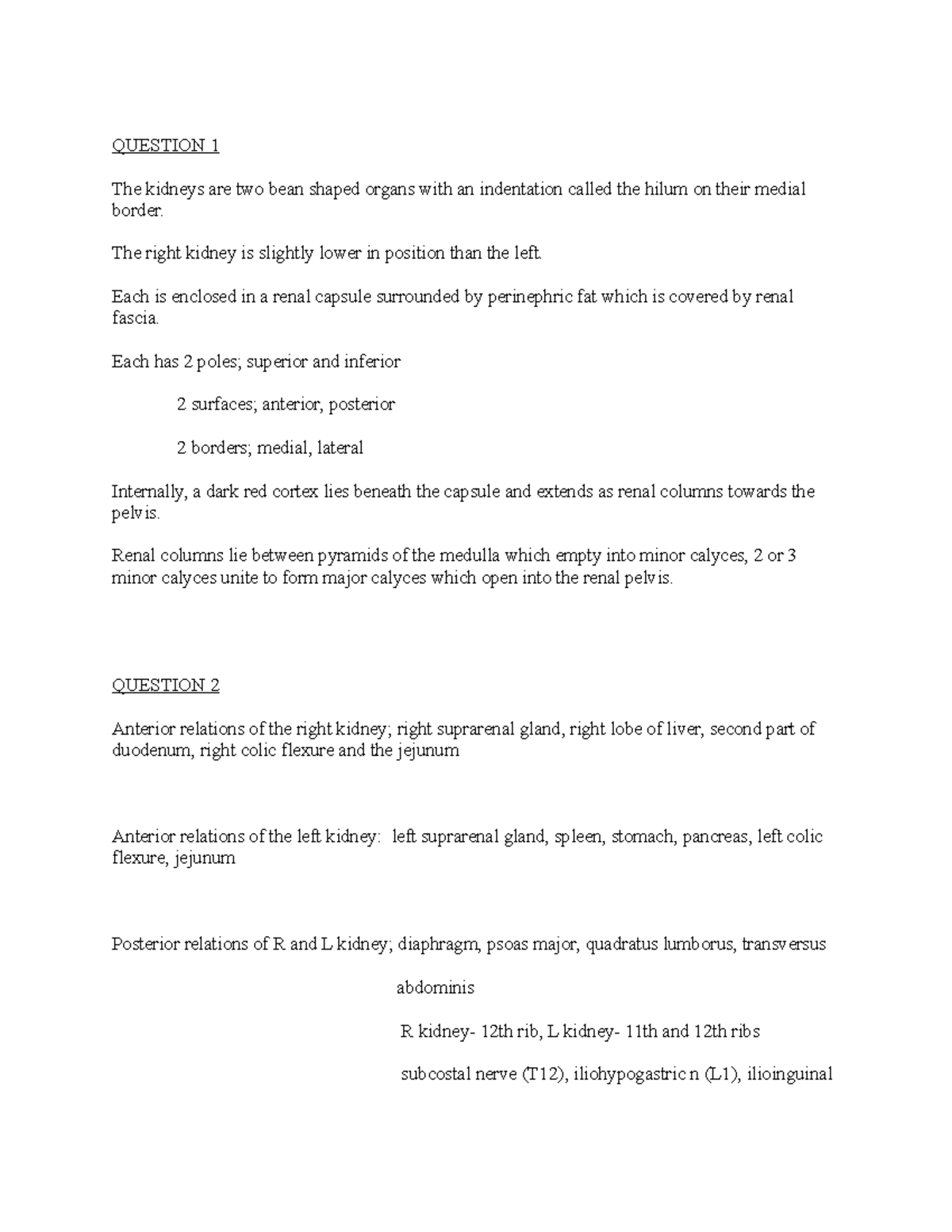 Kidney gross anatomy - QUESTION 1 The kidneys are two bean shaped ...