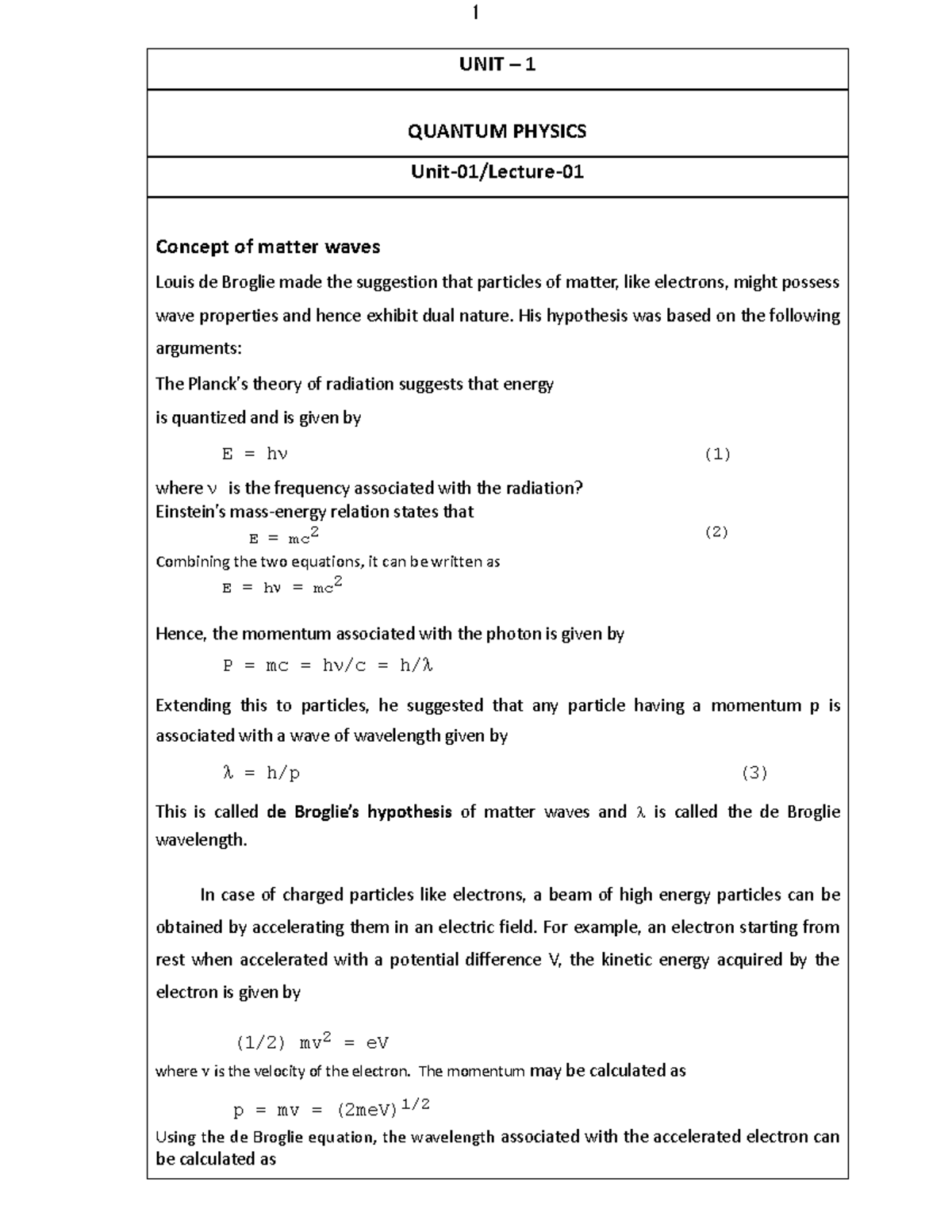 AS101 engineering physics unit 1 - UNIT – 1 QUANTUM PHYSICS Unit-01 ...