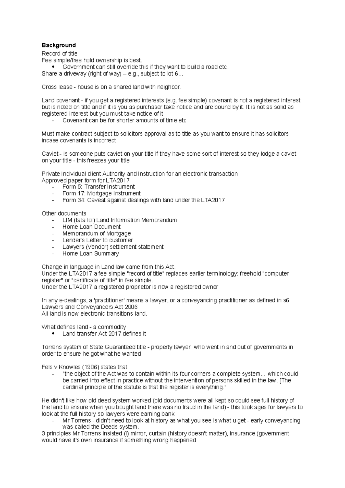 Land law - Summary Land Law - Background Record of title Fee simple ...