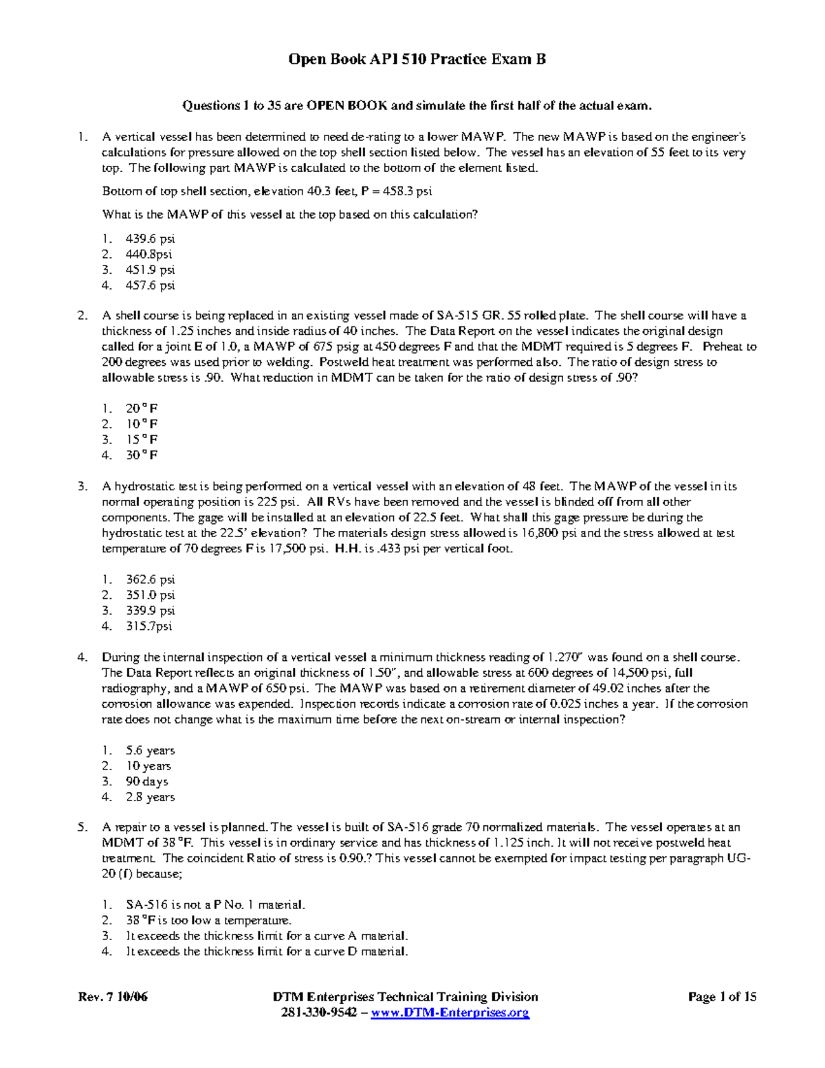 510 Open Exam B. Rev7 - Rev. 7 10/06 DTM Enterprises Technical Training ...