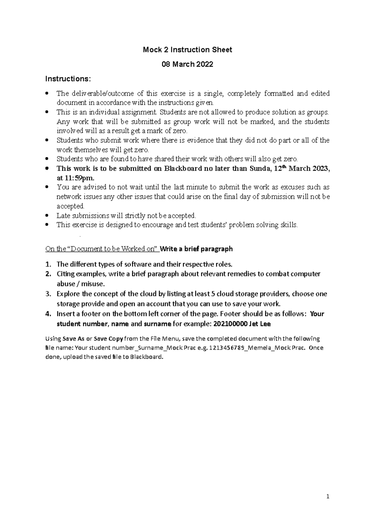 Mock 2 Instruction Sheet - Mock 2 Instruction Sheet 08 March 2022 Instructions: The - Studocu