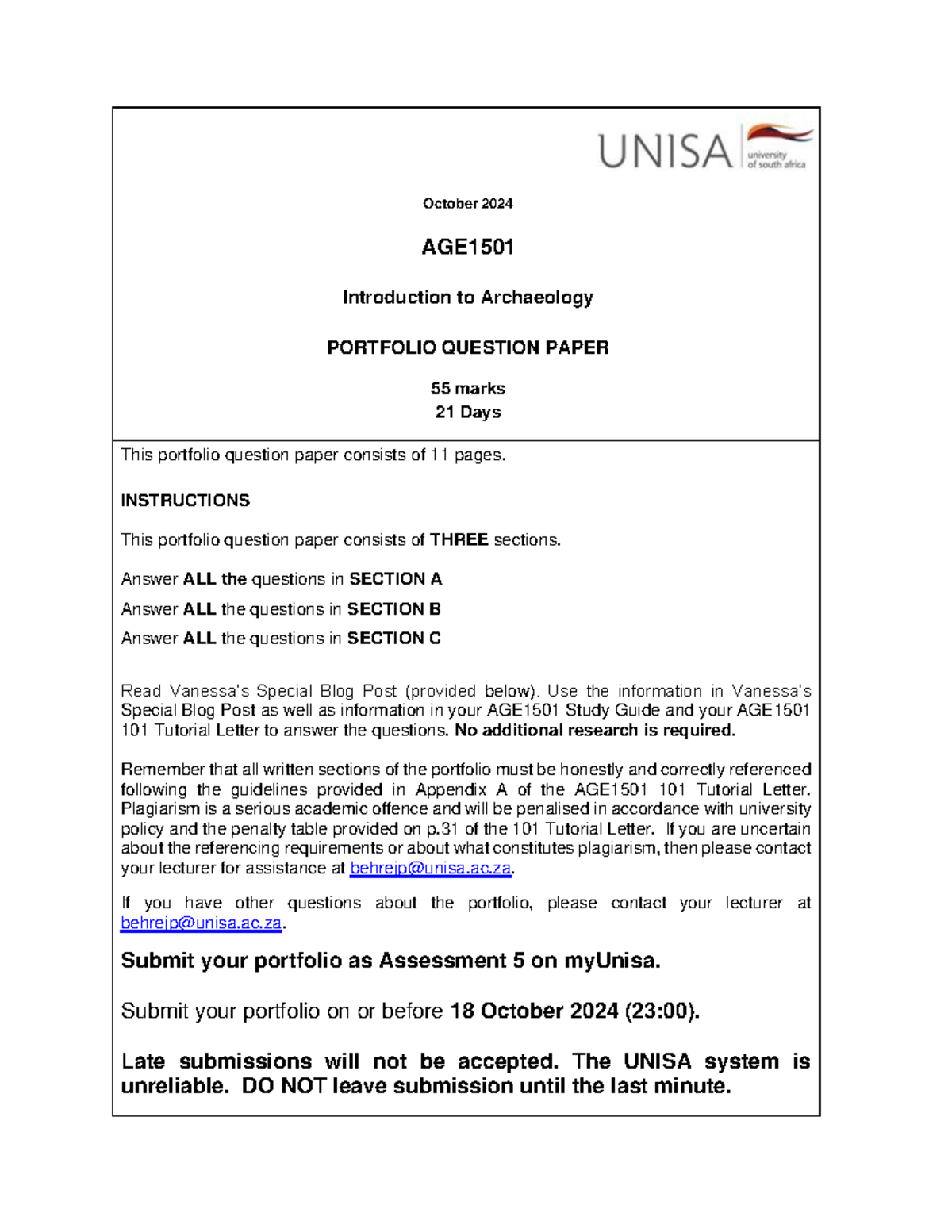 AGE1501 October 2024 Portfolio Question Paper - October 2024 AGE ...