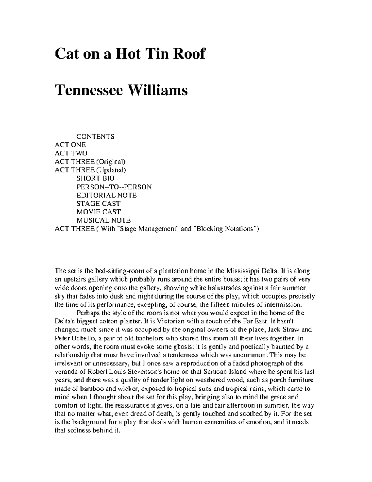 Cat on a Hot Tin Roof TEXT Script - Cat on a Hot Tin Roof Tennessee ...