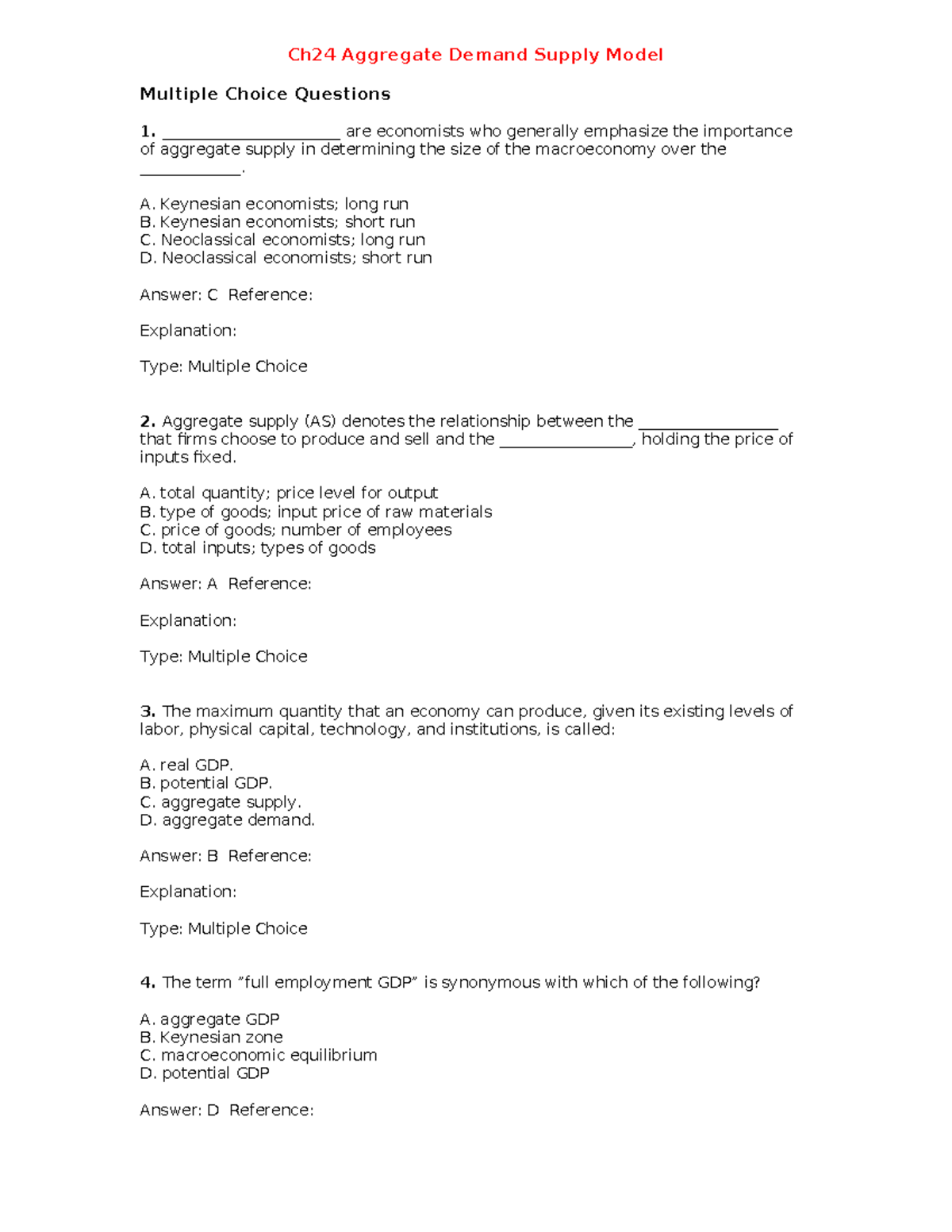 CH 24 Aggregate Demand Supply Model - Ch24 Aggregate Demand Supply ...