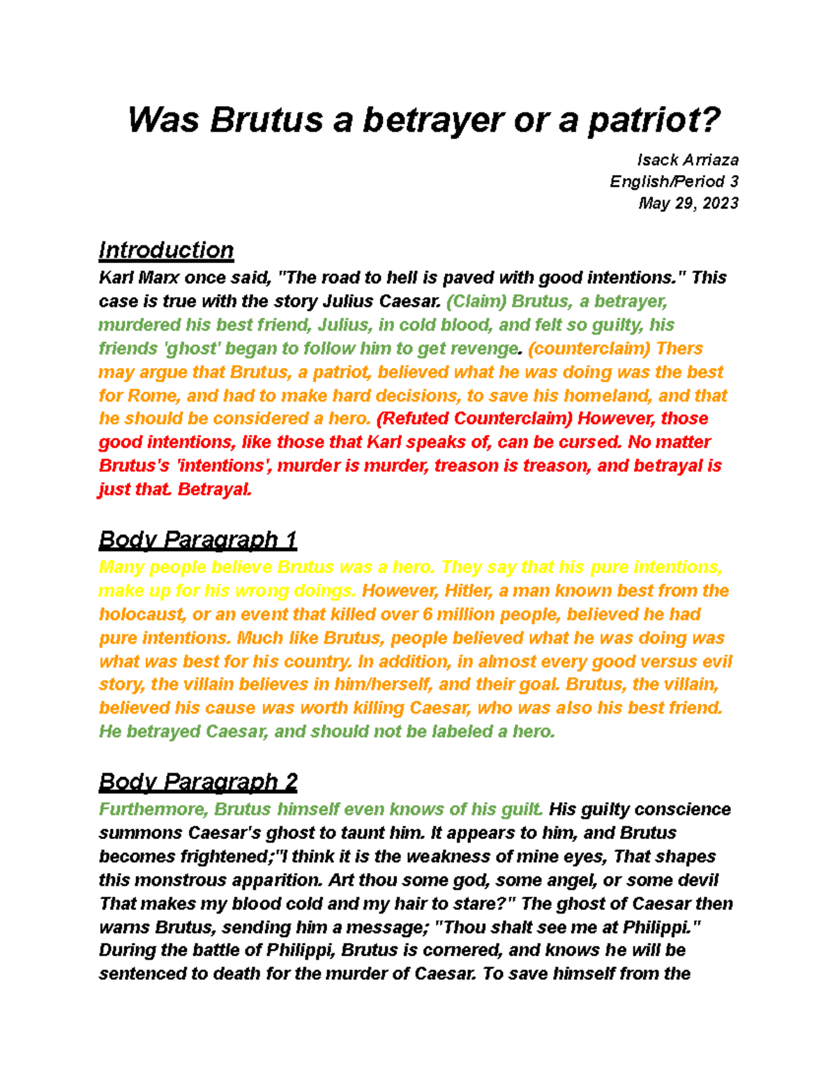 4.11 Write Your Argument - Was Brutus a betrayer or a patriot? Isack ...