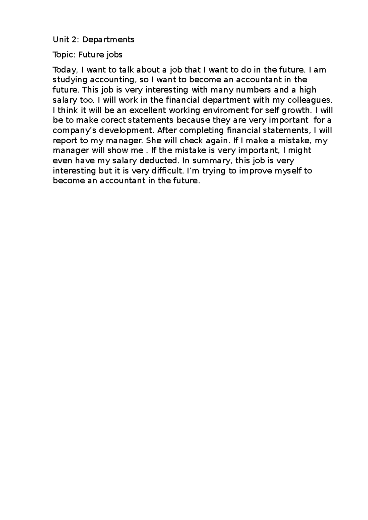 Writing unit 2 future job - Unit 2: Departments Topic: Future jobs ...