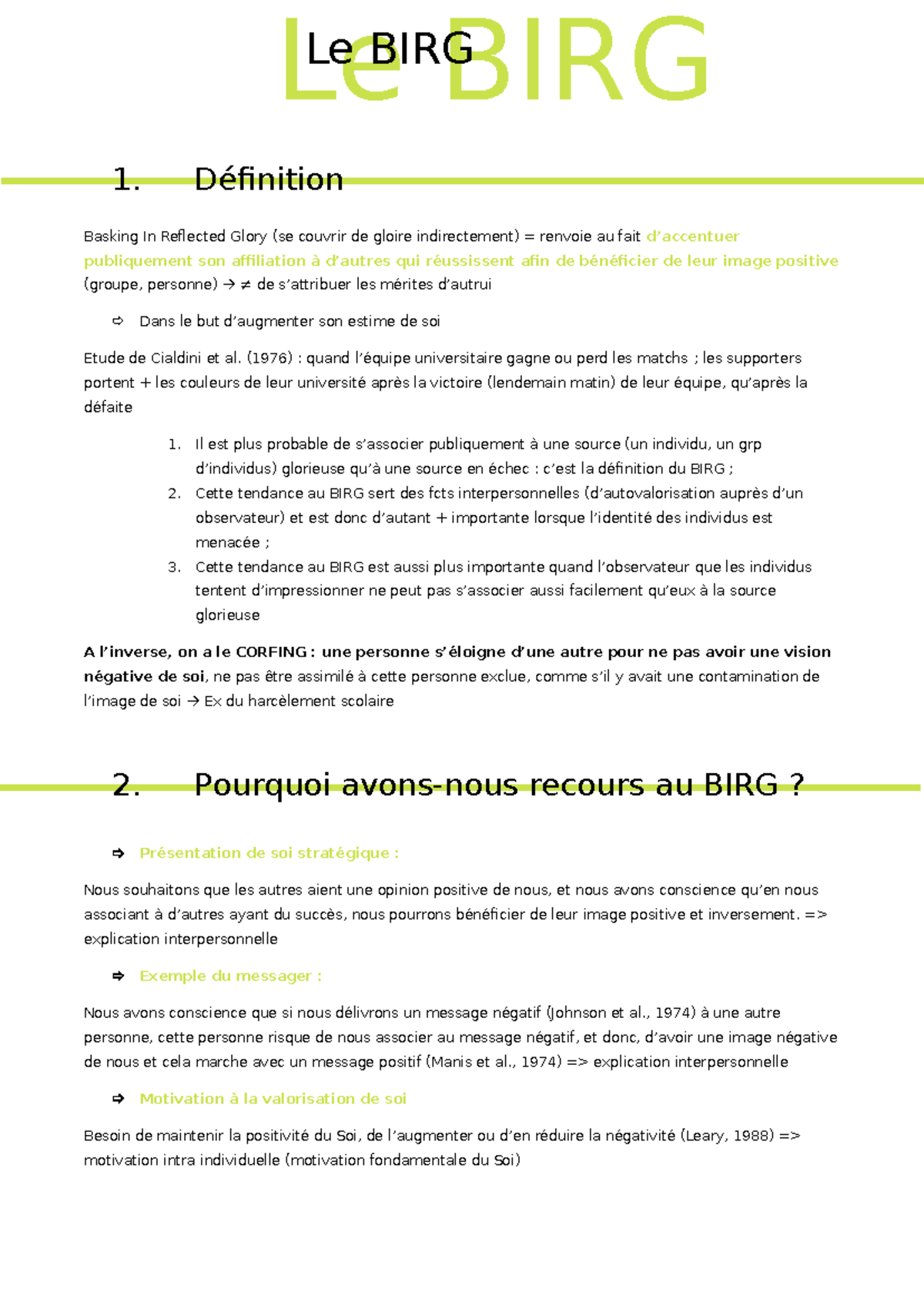 Fiche BIRG - 1. Définition Basking In Reflected Glory (se couvrir de ...