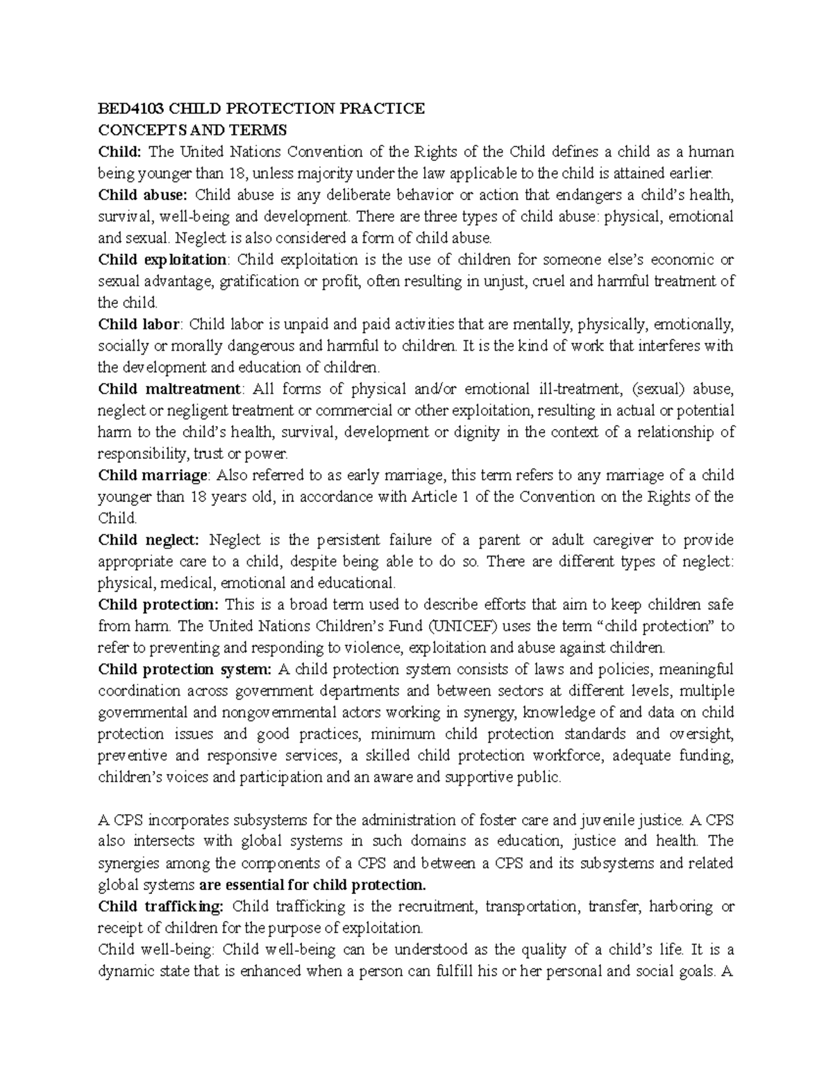 Child Practice Notes - BED4103 CHILD PROTECTION PRACTICE CONCEPTS AND ...