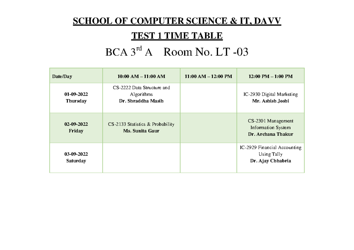 Sem 5 Test 1 Time Table - DAVV - TEST 1 TIME TABLE BCA 3 rd A Room No ...