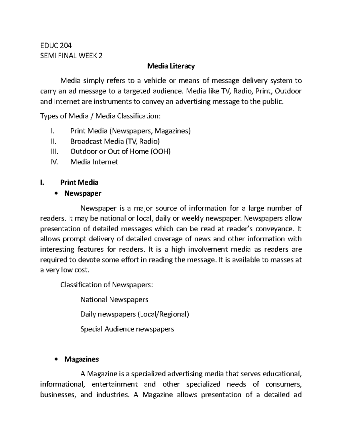 Semifinal week 2 notes media literacy - EDUC 204 SEMI FINAL WEEK 2 ...