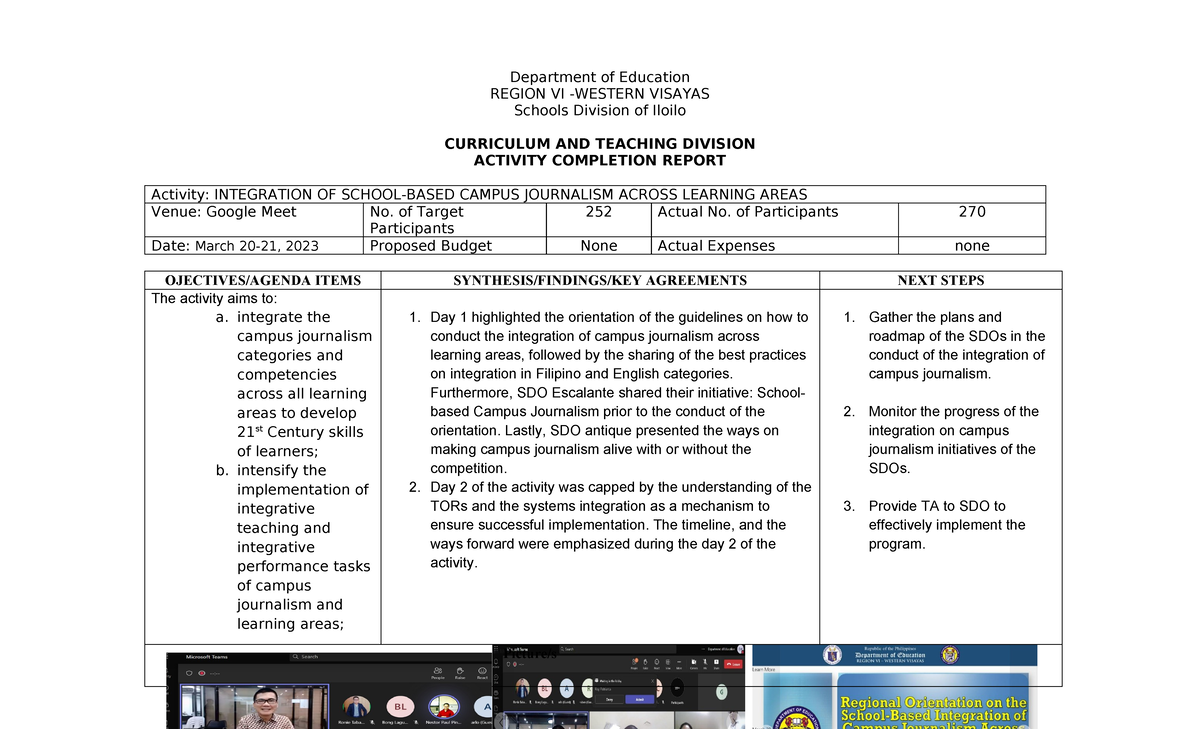 Activity Completion Report ACR Format - Department of Education REGION ...