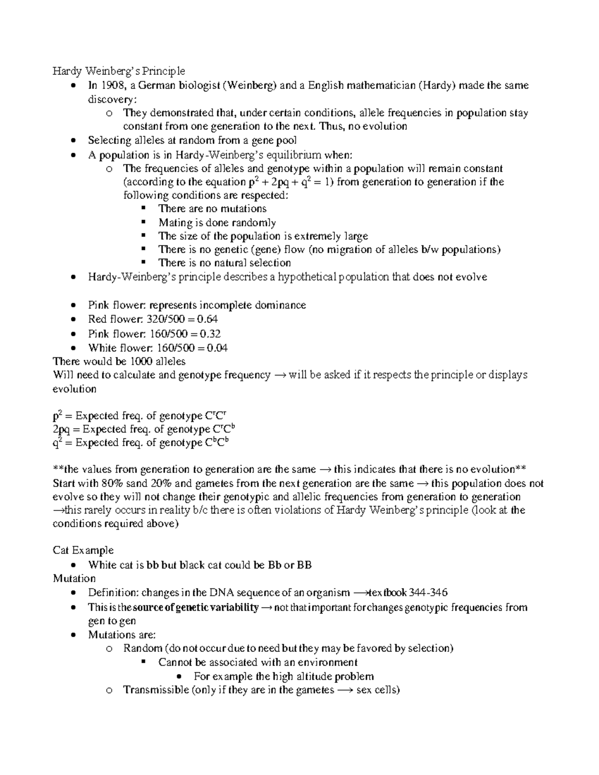 Introductory Biology Notes - Hardy Weinberg’s Principle - In 1908, a ...