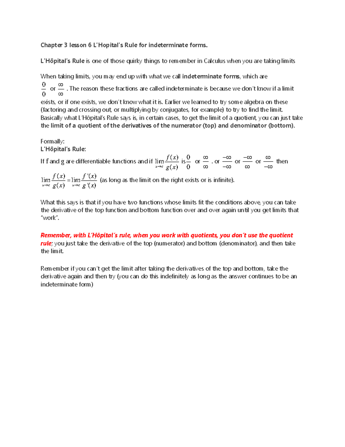 Chapter 3 Lesson 6 L Hopitals rule for indeterminate forms - Chapter 3 ...