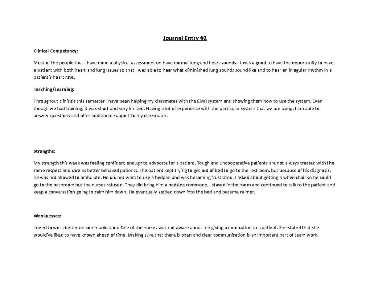 Journal Example - Journal Entry Clinical Competency: Most of the people ...