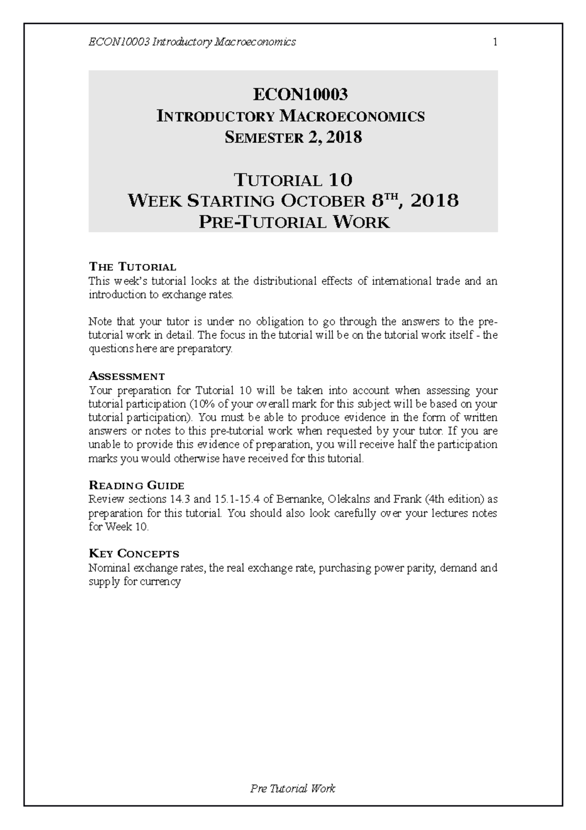Pretutorial 10 2018 - ECON10003 Introductory Macroeconomics 1 ECON10003 INTRODUCTORY ...