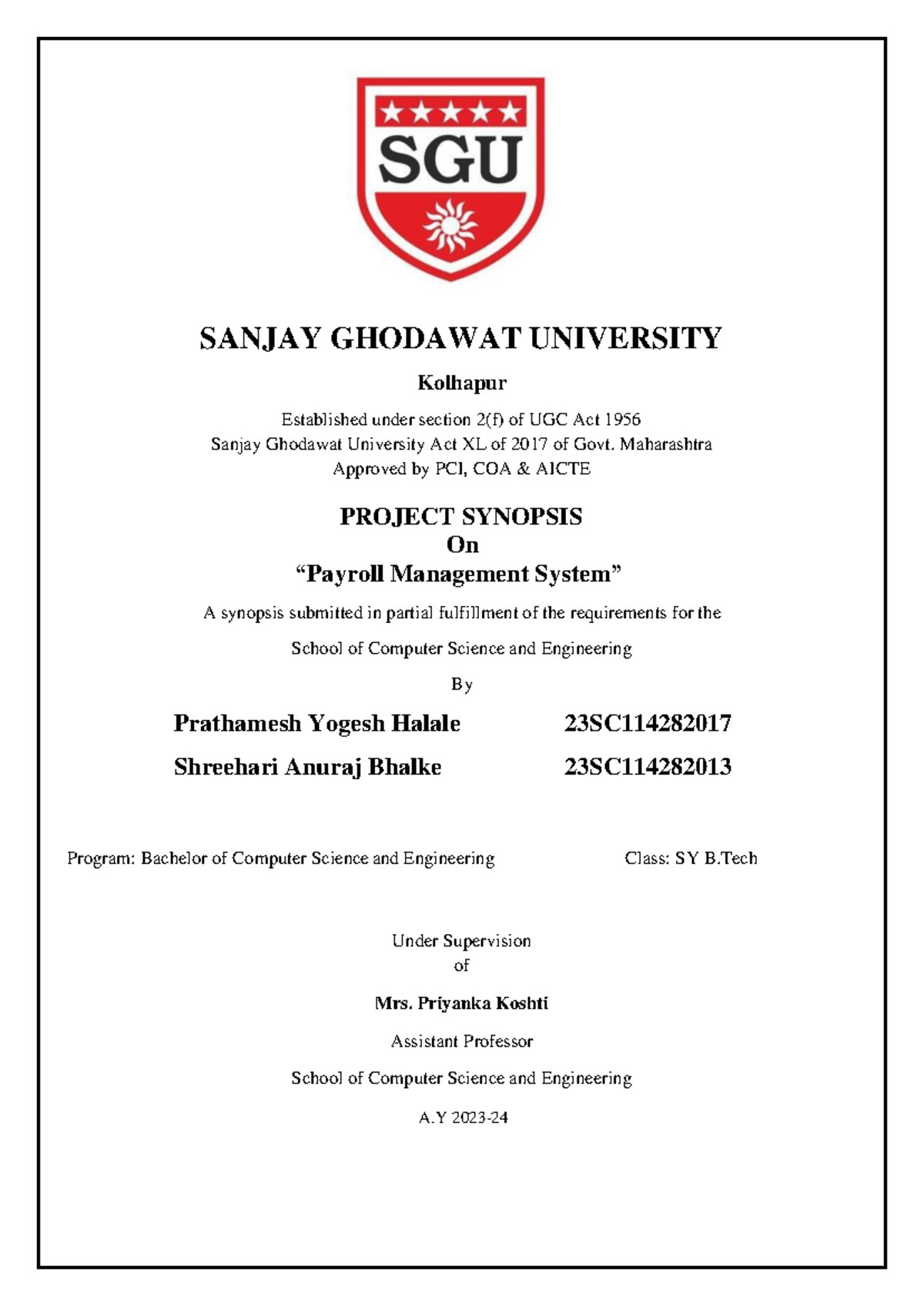 Project Synopsis - SANJAY GHODAWAT UNIVERSITY Kolhapur Established ...