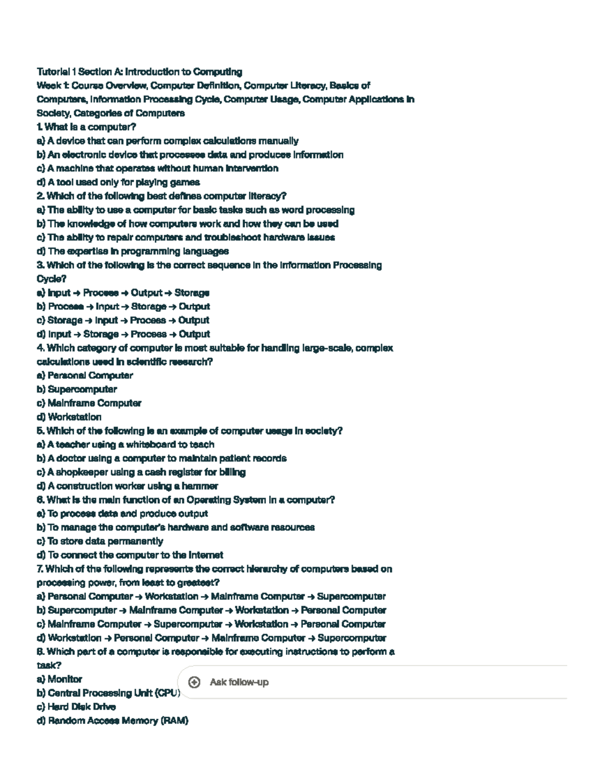 Tutorial 1-6 Answers - USE FOR STUDYING CSI 161 - Tutorial 1 Section A: Introduction to ...