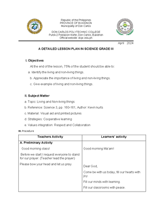 Kinder Lesson PLAN - Republic of the Philippines Department of ...