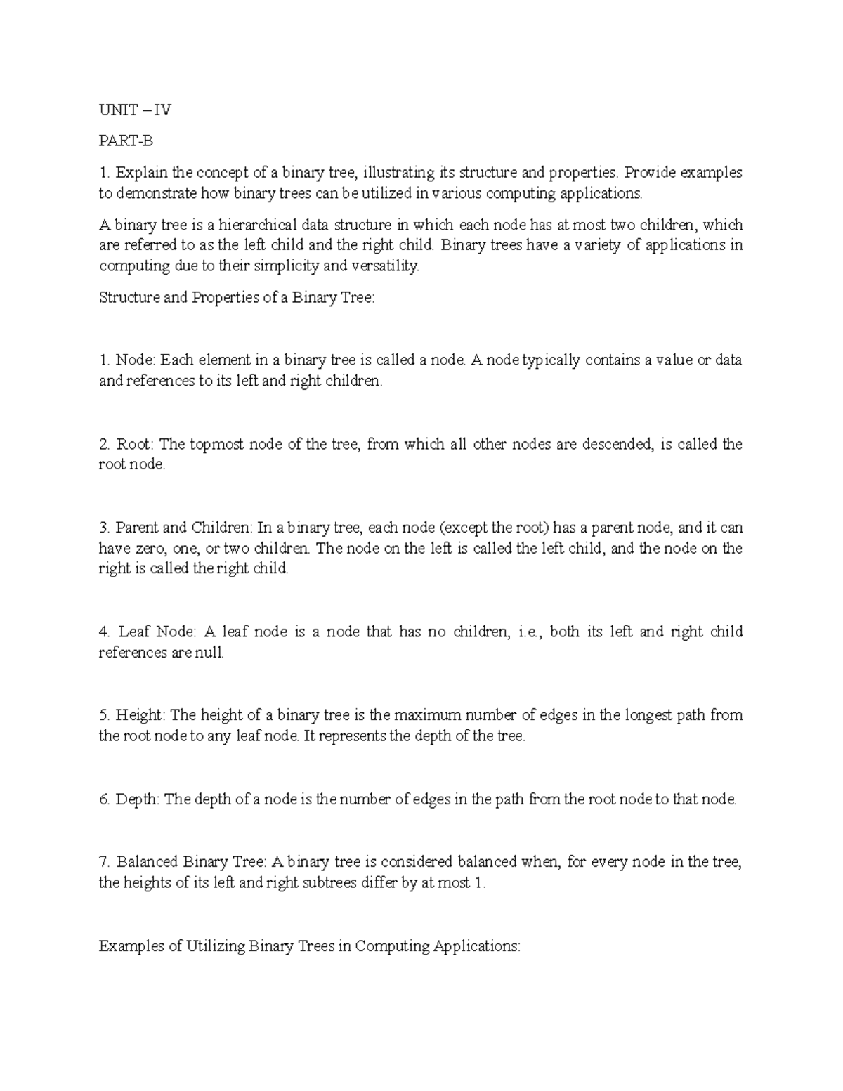 Unit 4 QB - QBs - UNIT – IV PART-B Explain the concept of a binary tree, illustrating its ...