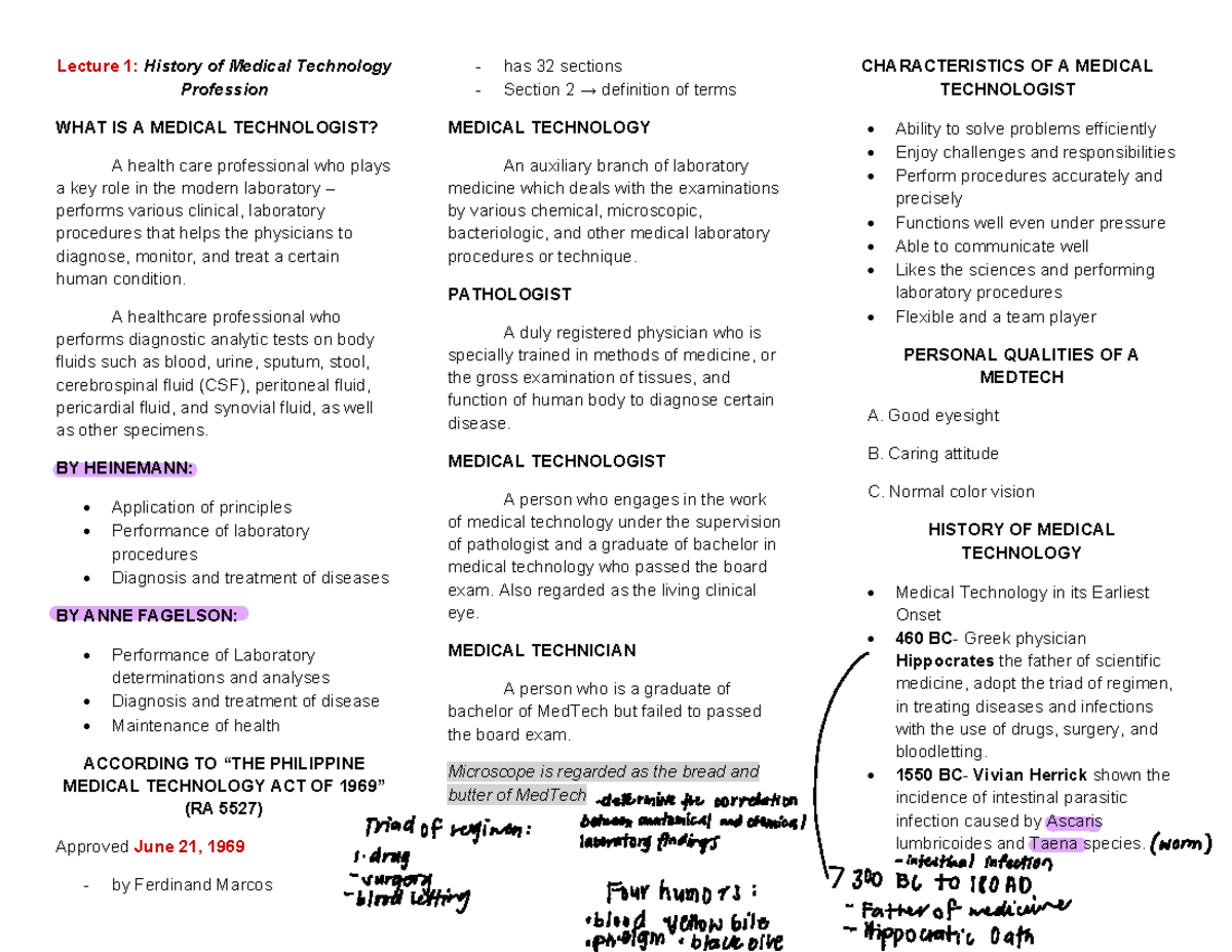PMLS111-lecture - Lecture 1: History of Medical Technology Profession ...